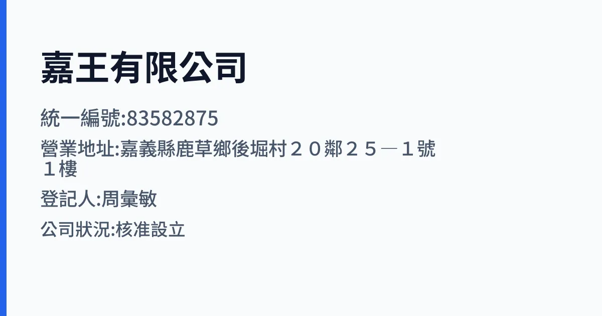 嘉王有限公司 - 統編 83582875(嘉義縣) 公司登記資料與營業項目詳細圖表