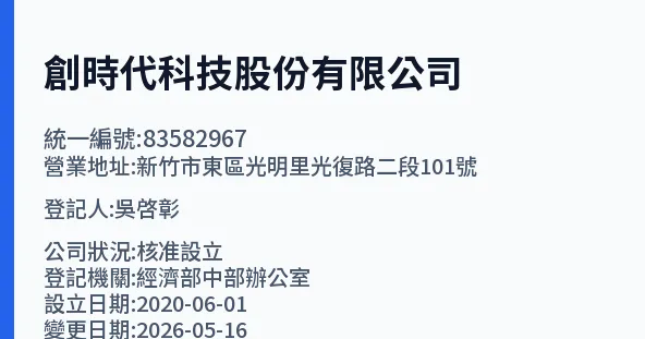 創時代科技股份有限公司的照片-統編 83582967(新竹市) 公司登記資料與營業項目詳細圖表
