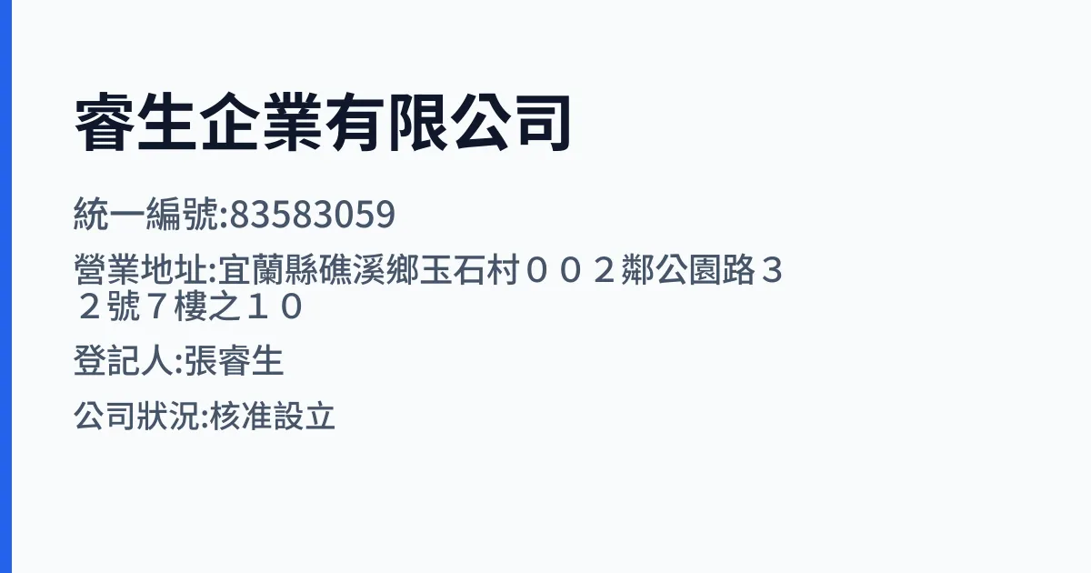 睿生企業有限公司 - 統編 83583059(宜蘭縣) 公司登記資料與營業項目詳細圖表