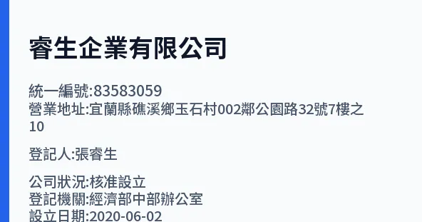 睿生企業有限公司的照片-統編 83583059(宜蘭縣) 公司登記資料與營業項目詳細圖表