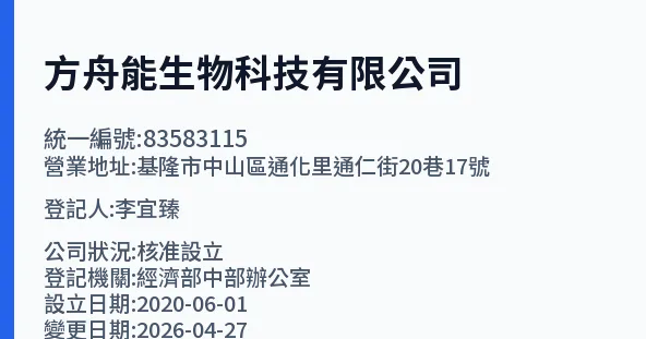 方舟能生物科技有限公司的照片-統編 83583115(基隆市) 公司登記資料與營業項目詳細圖表
