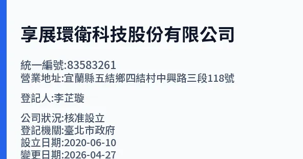 享展環衛科技股份有限公司的照片-統編 83583261(宜蘭縣) 公司登記資料與營業項目詳細圖表