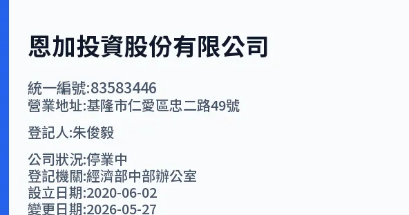 恩加投資股份有限公司的照片-統編 83583446(基隆市) 公司登記資料與營業項目詳細圖表
