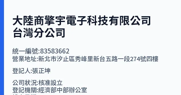 大陸商擎宇電子科技有限公司台灣分公司的照片-統編 83583662(新北市) 公司登記資料與營業項目詳細圖表