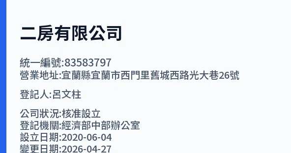 二房有限公司的照片-統編 83583797(宜蘭縣) 公司登記資料與營業項目詳細圖表