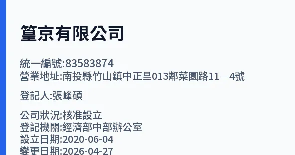 篁京有限公司的照片-統編 83583874(南投縣) 公司登記資料與營業項目詳細圖表