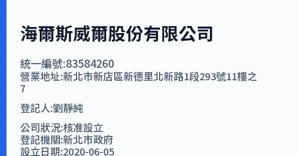 海爾斯威爾股份有限公司的照片-統編 83584260(新北市) 公司登記資料與營業項目詳細圖表