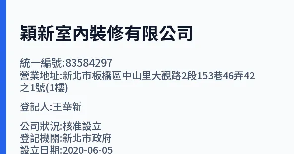 穎新室內裝修有限公司的照片-統編 83584297(新北市) 公司登記資料與營業項目詳細圖表