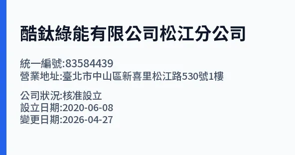 酷鈦綠能有限公司松江分公司的照片-統編 83584439(臺北市) 公司登記資料與營業項目詳細圖表