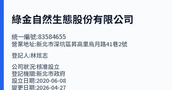 綠金自然生態股份有限公司的照片-統編 83584655(新北市) 公司登記資料與營業項目詳細圖表
