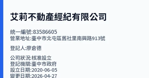 艾莉不動產經紀有限公司的照片-統編 83586605(臺中市) 公司登記資料與營業項目詳細圖表
