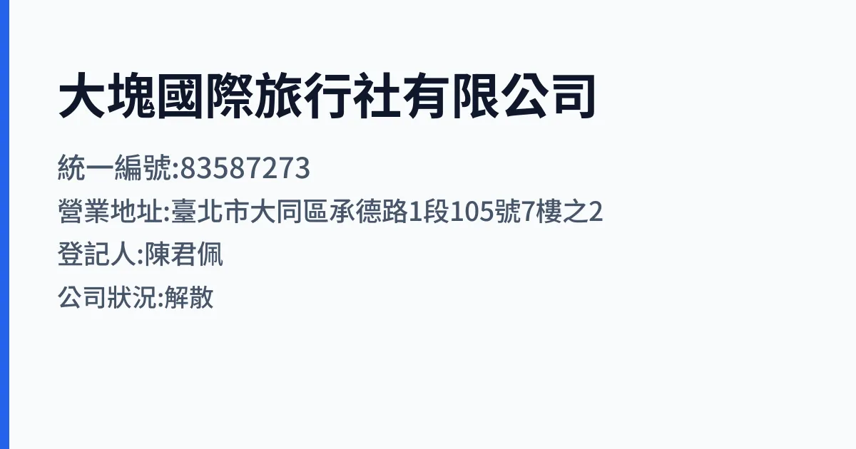 大塊國際旅行社有限公司 - 統編 83587273(臺北市) 公司登記資料與營業項目詳細圖表