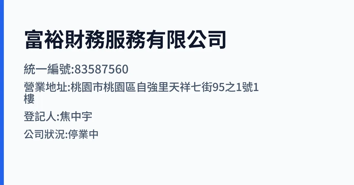 富裕財務服務有限公司 - 統編 83587560(桃園市) 公司登記資料與營業項目詳細圖表