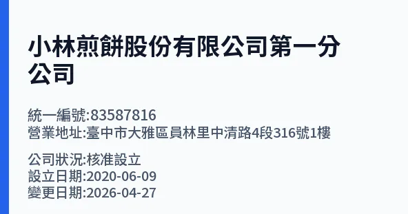 小林煎餅股份有限公司第一分公司的照片-統編 83587816(臺中市) 公司登記資料與營業項目詳細圖表