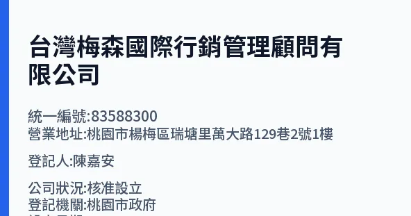 台灣梅森國際行銷管理顧問有限公司的照片-統編 83588300(桃園市) 公司登記資料與營業項目詳細圖表