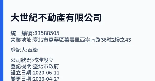 大世紀不動產有限公司的照片-統編 83588505(臺北市) 公司登記資料與營業項目詳細圖表