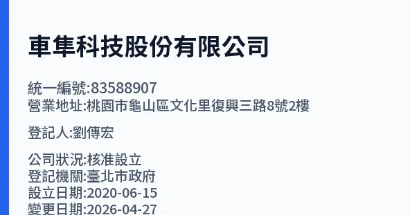 車隼科技股份有限公司的照片-統編 83588907(桃園市) 公司登記資料與營業項目詳細圖表
