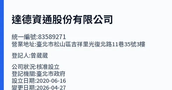 達德資通股份有限公司的照片-統編 83589271(臺北市) 公司登記資料與營業項目詳細圖表