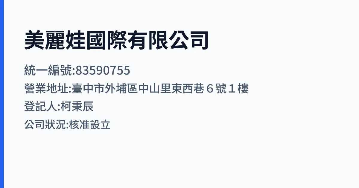 美麗娃國際有限公司 - 統編 83590755(臺中市) 公司登記資料與營業項目詳細圖表