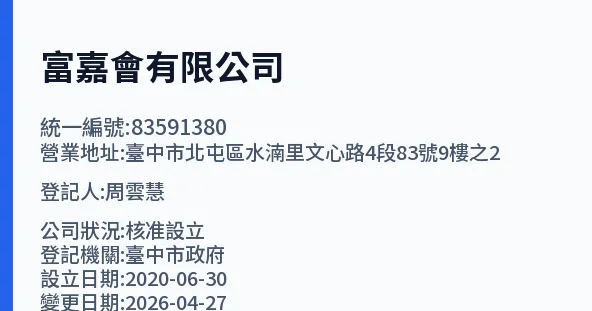 富嘉會有限公司的照片-統編 83591380(臺中市) 公司登記資料與營業項目詳細圖表