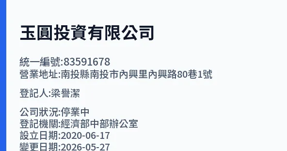 玉圓投資有限公司的照片-統編 83591678(南投縣) 公司登記資料與營業項目詳細圖表