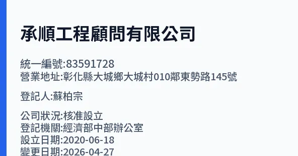 承順工程顧問有限公司的照片-統編 83591728(彰化縣) 公司登記資料與營業項目詳細圖表