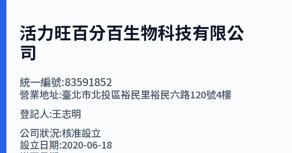 活力旺百分百生物科技有限公司的照片-統編 83591852(臺北市) 公司登記資料與營業項目詳細圖表