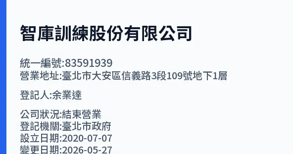智庫訓練股份有限公司的照片-統編 83591939(臺北市) 公司登記資料與營業項目詳細圖表
