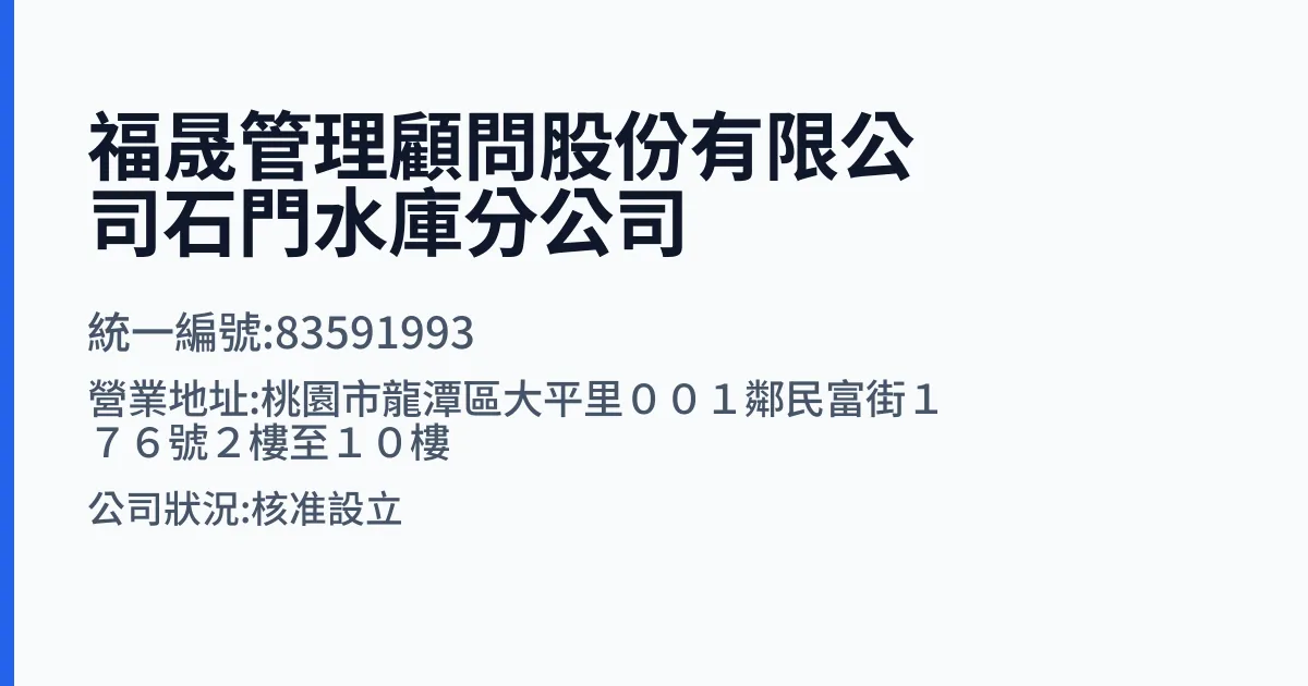 福晟管理顧問股份有限公司石門水庫分公司 - 統編 83591993(桃園市) 公司登記資料與營業項目詳細圖表