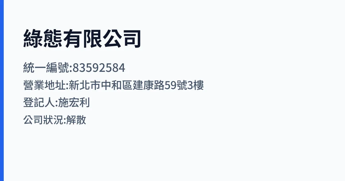 綠態有限公司 - 統編 83592584(新北市) 公司登記資料與營業項目詳細圖表