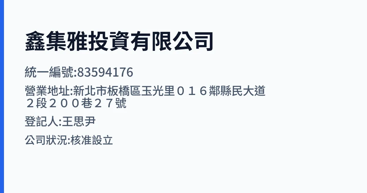 鑫集雅投資有限公司 - 統編 83594176(新北市) 公司登記資料與營業項目詳細圖表