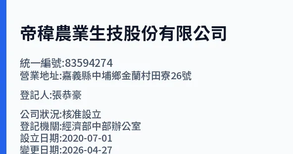 帝稦農業生技股份有限公司的照片-統編 83594274(嘉義縣) 公司登記資料與營業項目詳細圖表