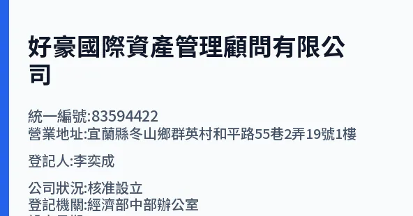 好豪國際資產管理顧問有限公司的照片-統編 83594422(宜蘭縣) 公司登記資料與營業項目詳細圖表