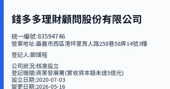 錢多多理財顧問股份有限公司的照片-統編 83594746(嘉義市) 公司登記資料與營業項目詳細圖表