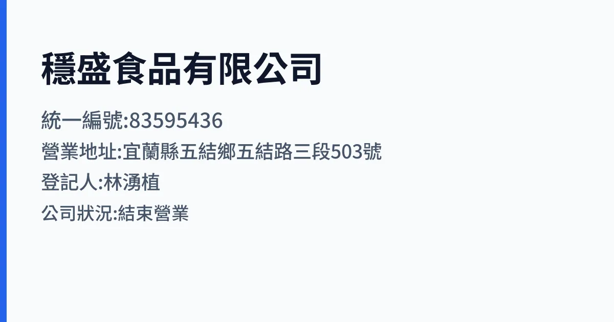 穩盛食品有限公司 - 統編 83595436(宜蘭縣) 公司登記資料與營業項目詳細圖表