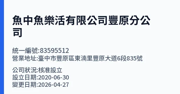 魚中魚樂活有限公司豐原分公司的照片-統編 83595512(臺中市) 公司登記資料與營業項目詳細圖表