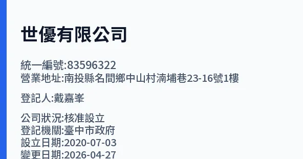 世優有限公司的照片-統編 83596322(南投縣) 公司登記資料與營業項目詳細圖表