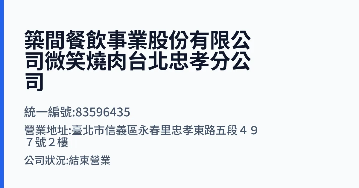 築間餐飲事業股份有限公司微笑燒肉台北忠孝分公司 - 統編 83596435(臺北市) 公司登記資料與營業項目詳細圖表