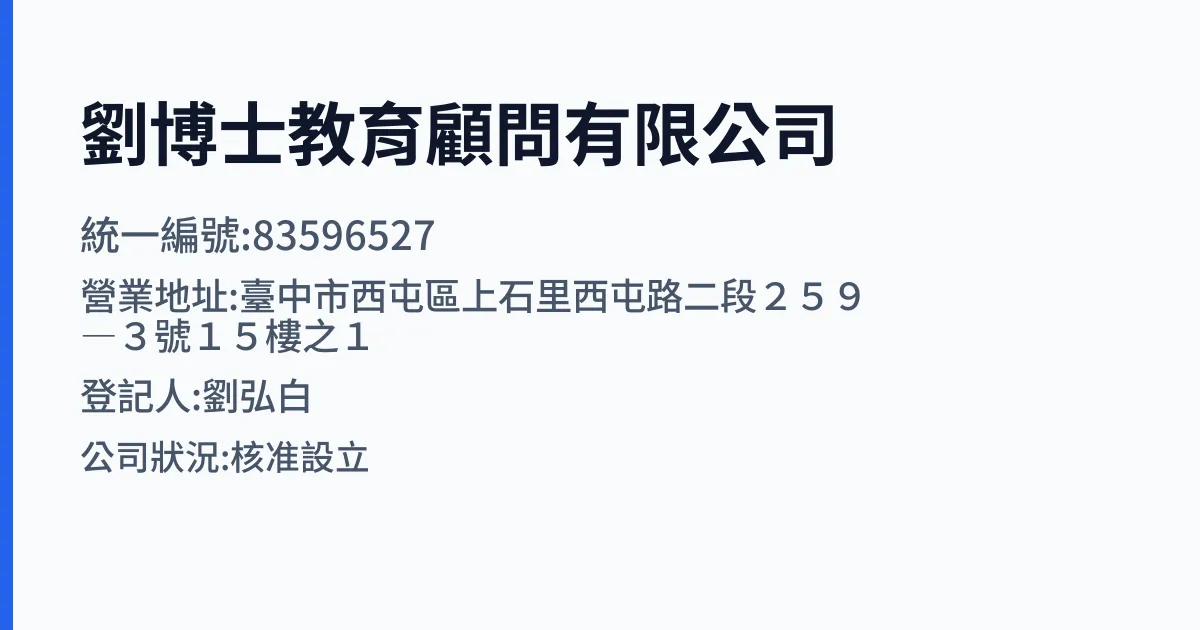 劉博士教育顧問有限公司 - 統編 83596527(臺中市) 公司登記資料與營業項目詳細圖表