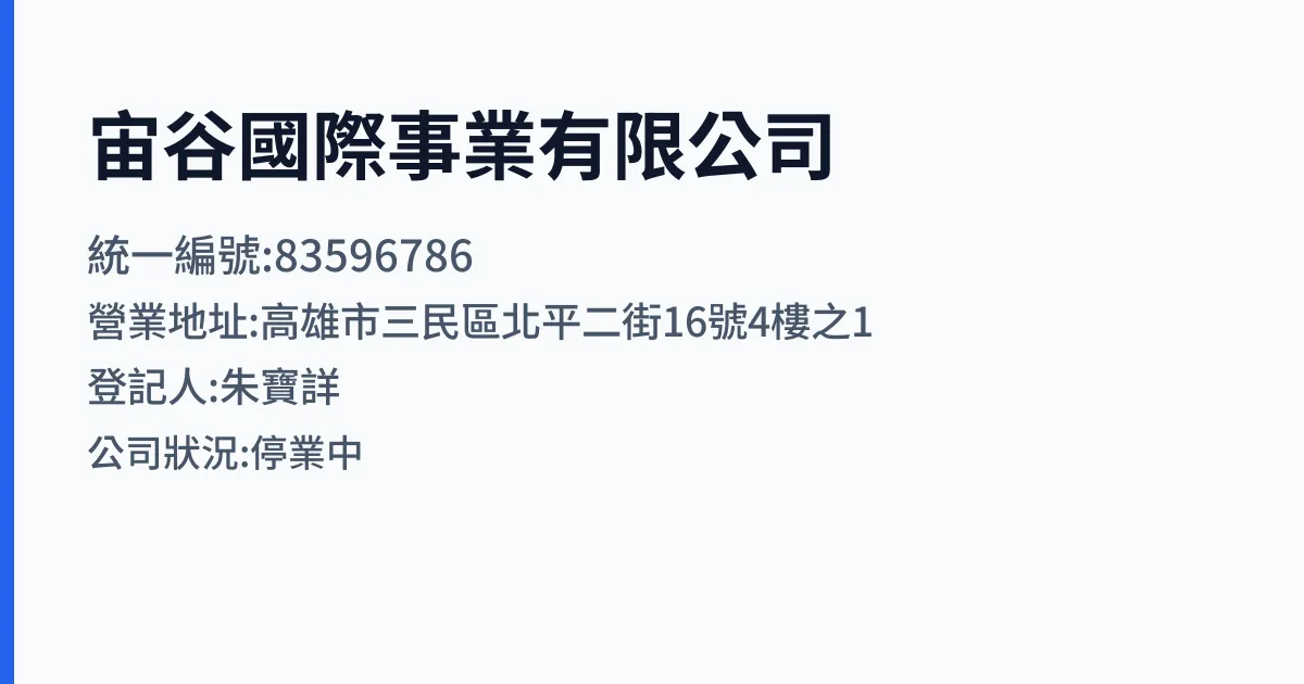 宙谷國際事業有限公司 - 統編 83596786(高雄市) 公司登記資料與營業項目詳細圖表