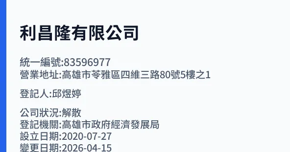 利昌隆有限公司的照片-統編 83596977(高雄市) 公司登記資料與營業項目詳細圖表