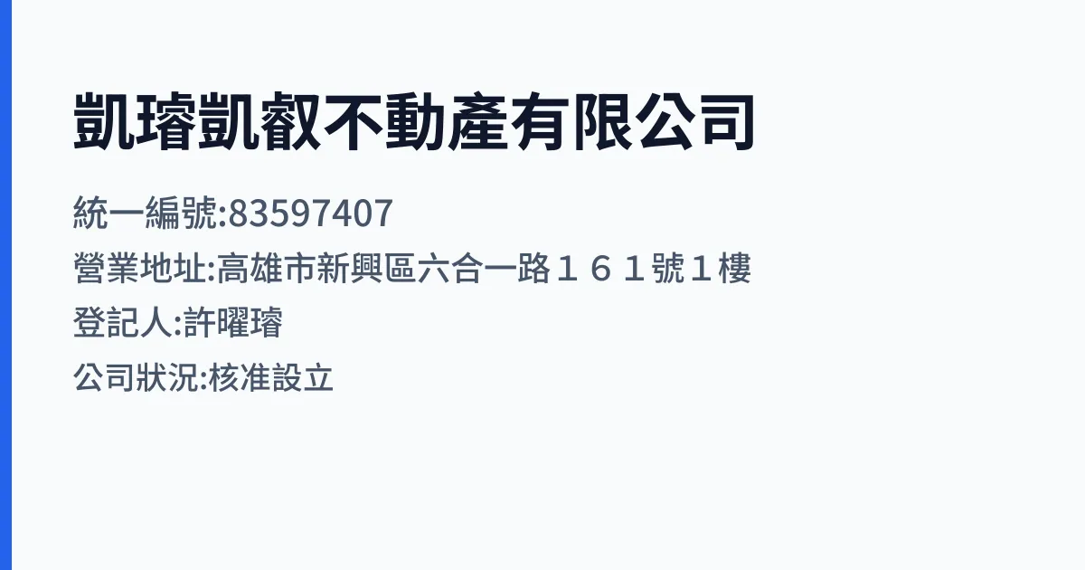 凱璿凱叡不動產有限公司 - 統編 83597407(高雄市) 公司登記資料與營業項目詳細圖表