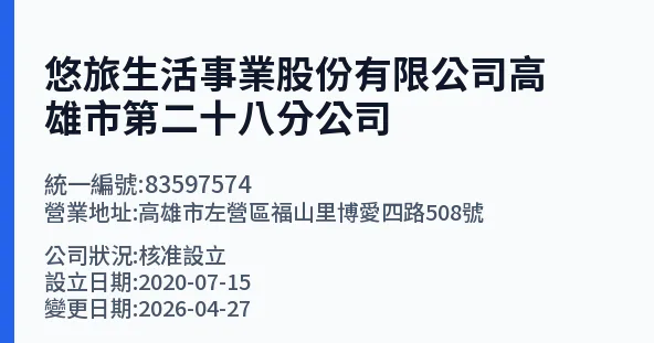 悠旅生活事業股份有限公司高雄市第二十八分公司的照片-統編 83597574(高雄市) 公司登記資料與營業項目詳細圖表