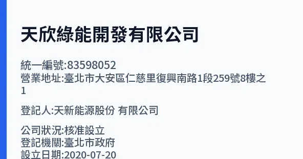 天欣綠能開發有限公司的照片-統編 83598052(臺北市) 公司登記資料與營業項目詳細圖表