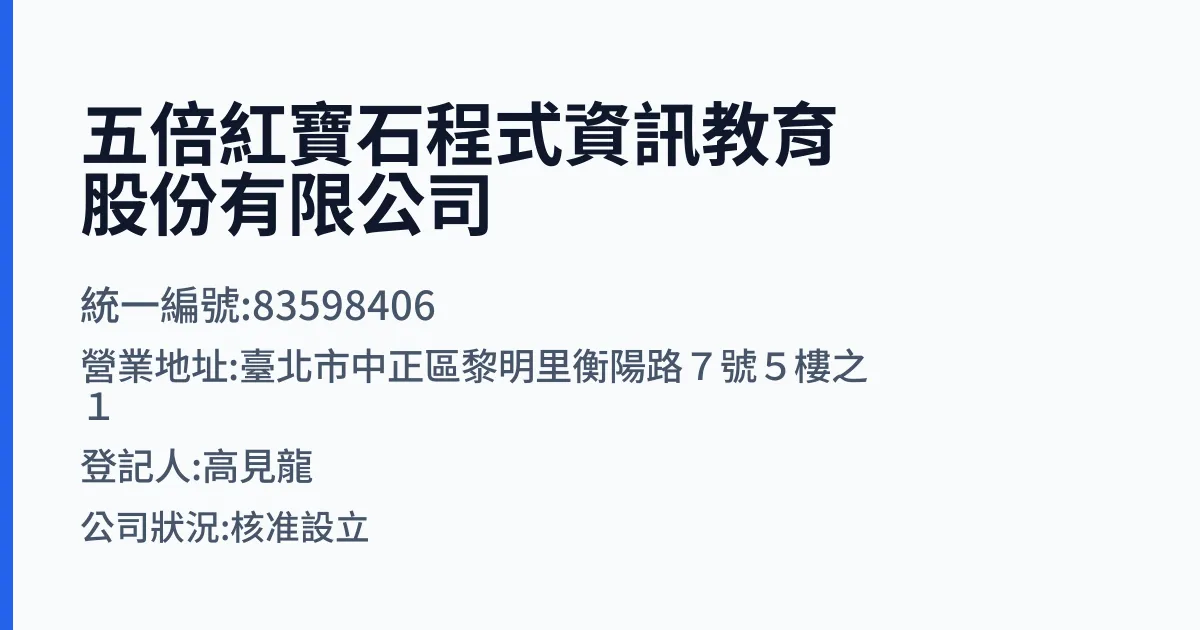 五倍紅寶石程式資訊教育股份有限公司 - 統編 83598406(臺北市) 公司登記資料與營業項目詳細圖表