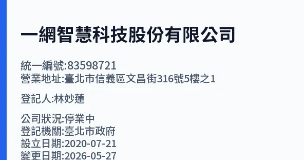 一網智慧科技股份有限公司的照片-統編 83598721(臺北市) 公司登記資料與營業項目詳細圖表