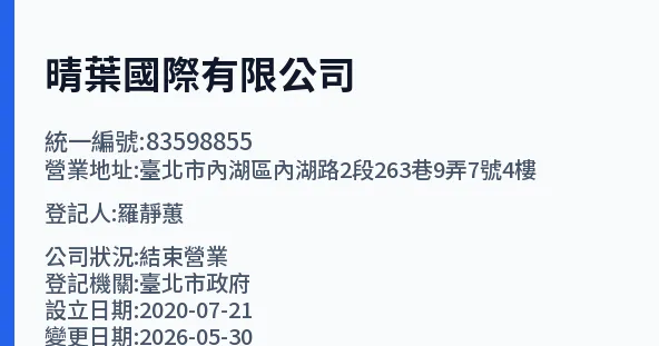 晴葉國際有限公司的照片-統編 83598855(臺北市) 公司登記資料與營業項目詳細圖表
