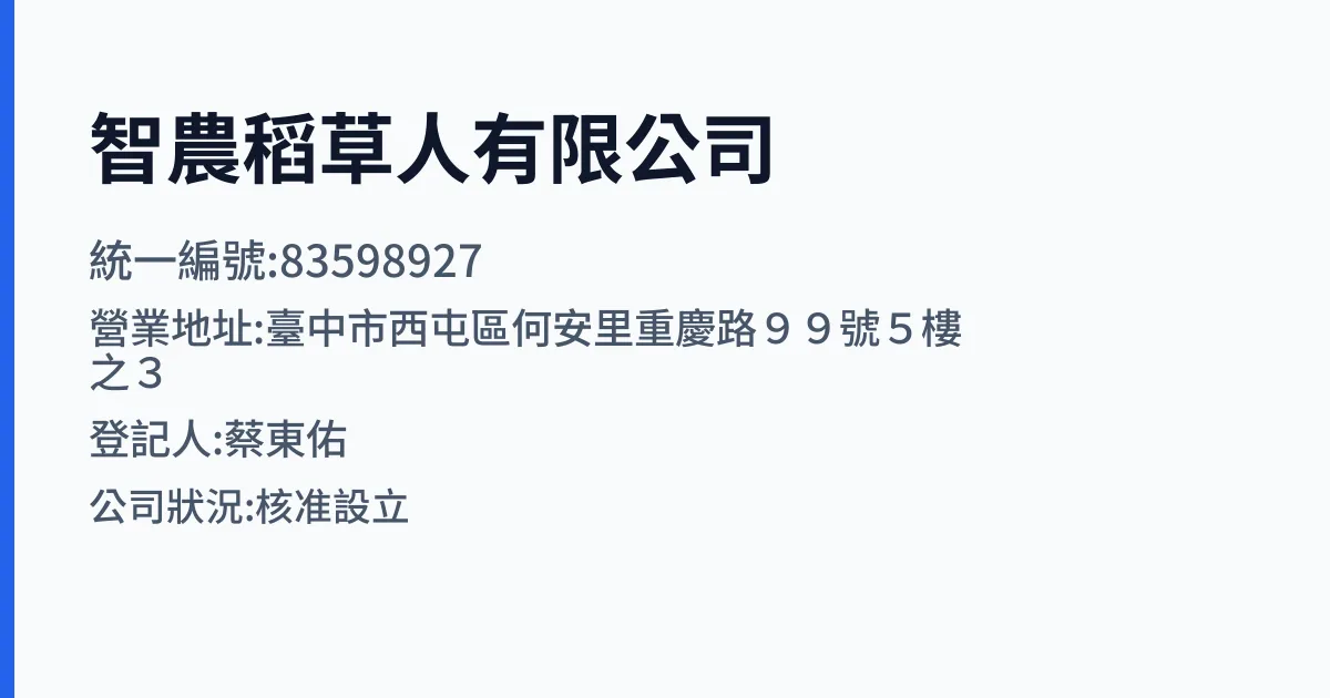 智農稻草人有限公司 - 統編 83598927(臺中市) 公司登記資料與營業項目詳細圖表