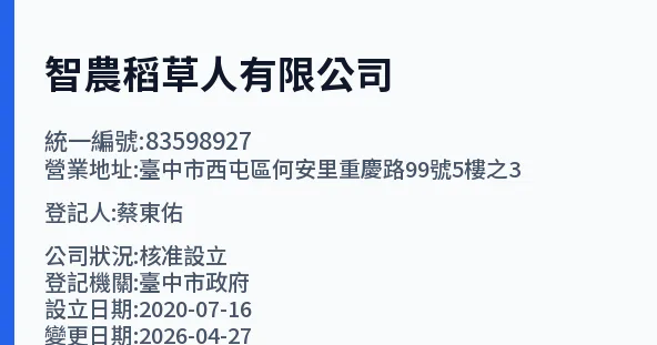 智農稻草人有限公司的照片-統編 83598927(臺中市) 公司登記資料與營業項目詳細圖表