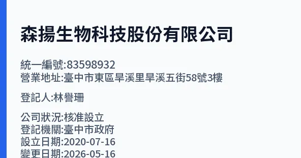 森揚生物科技股份有限公司的照片-統編 83598932(臺中市) 公司登記資料與營業項目詳細圖表